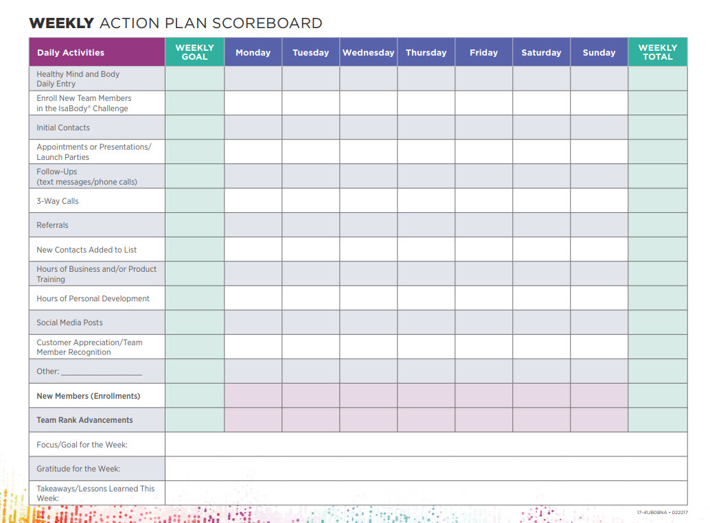Weekly Action Plan Scoreboard Isagenix Business
